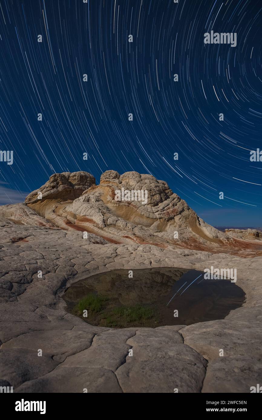 Star trails over the moonlit sandstone in the White Pocket Recreation ...