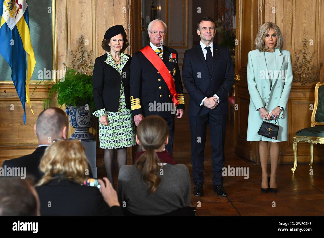 Queen Silvia, French President Emmanuel Macron, King Carl XVI Gustaf ...