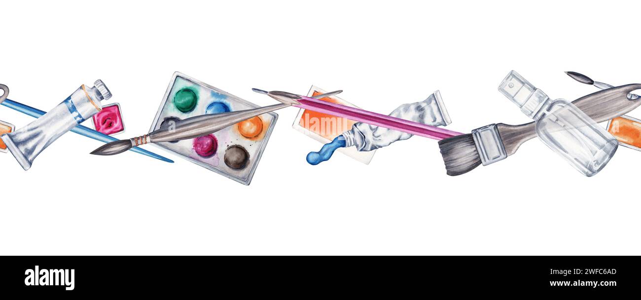 Seamless repeatable border with brushes, pencil, paint set, water spray ...