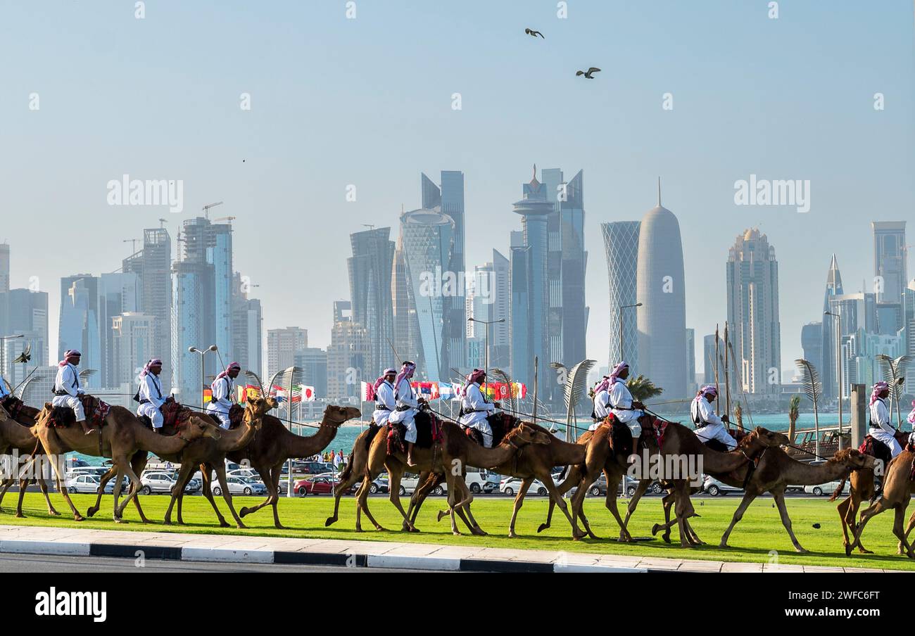 .Pic Shows Camels and riders in Doha the capital city and main ...