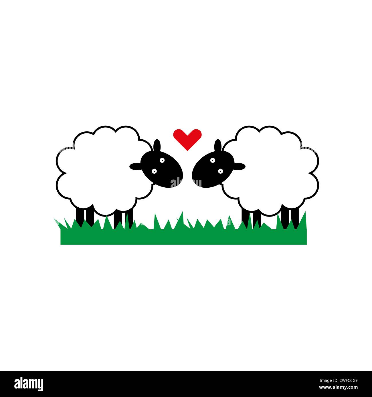 Two lamb icon. Red heart.Green grass. Livestock character. Love symbol ...