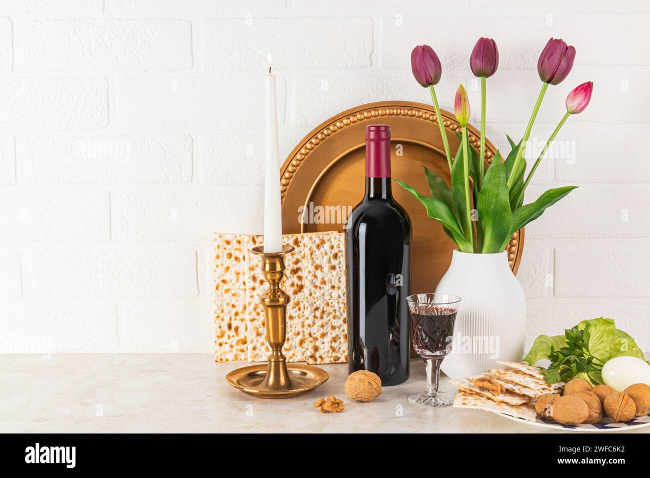 Beautiful still life for the spring holiday of Jewish Passover. Front ...