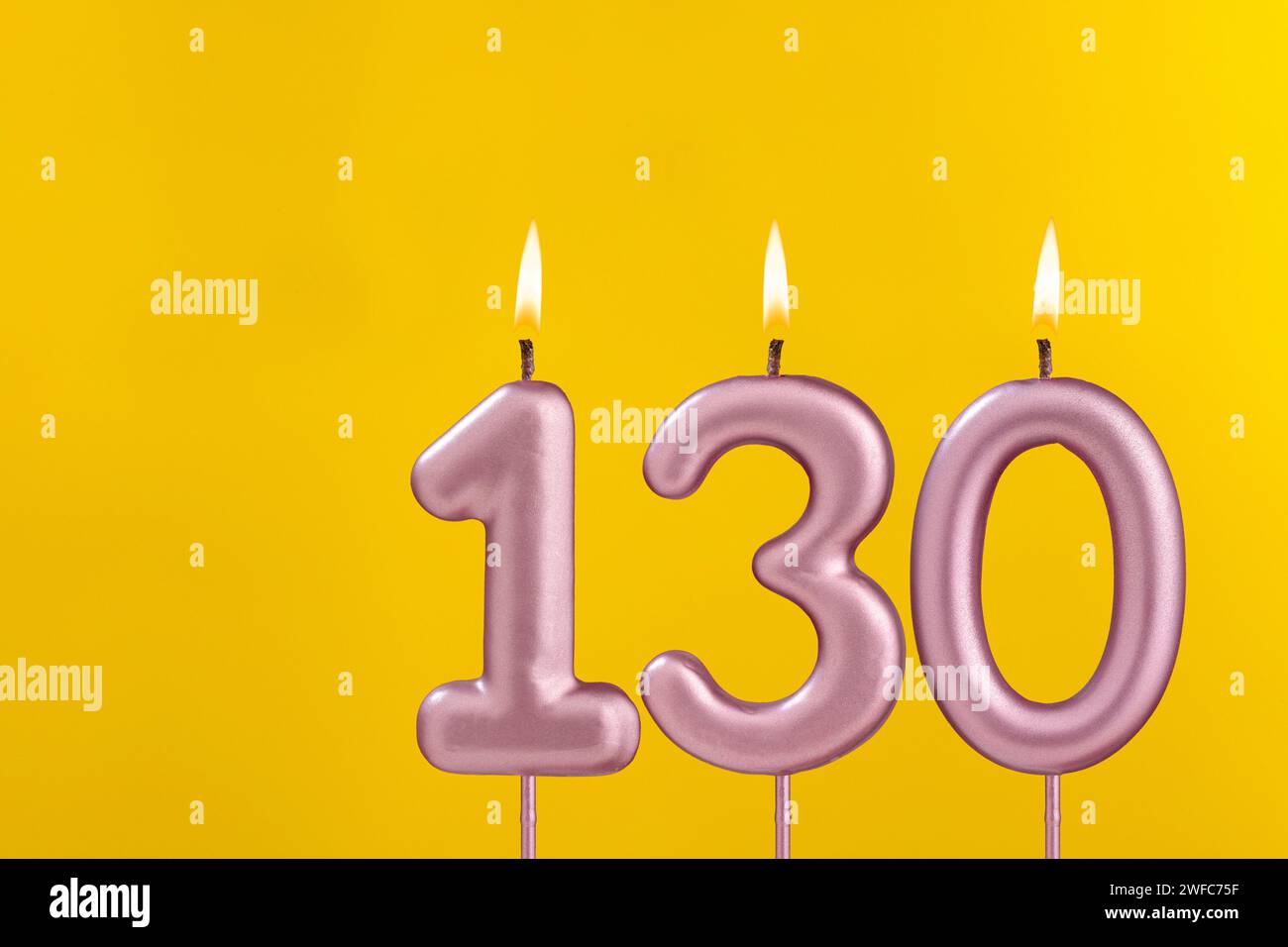 Candle 130 with flame - Birthday card on yellow luxury background Stock ...
