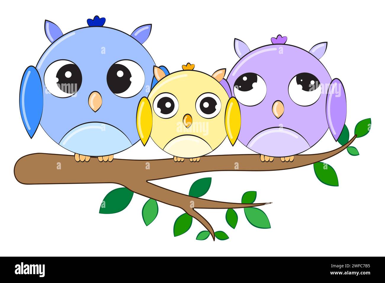 Cartoon owls branch in doodle style. Bright design. Invitation card ...