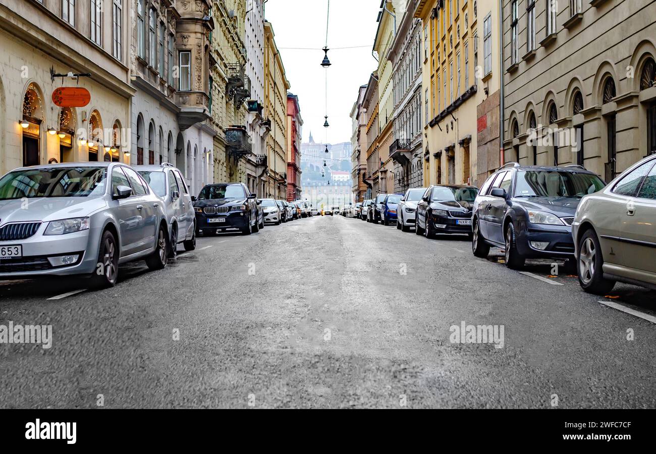 Parking cars on the street in Budapest Stock Photo - Alamy