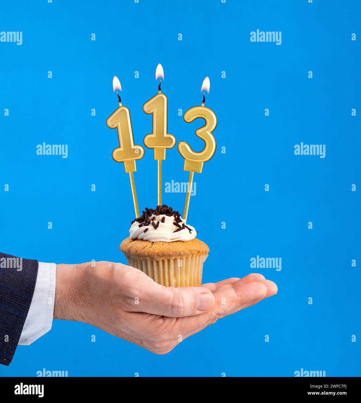 Hand holding a cupcake with the number 113 candle - Birthday on blue ...