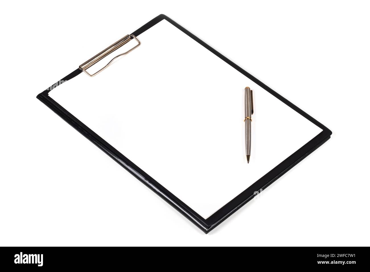 Black tablet with piece of empty paper and pen isolated on white ...
