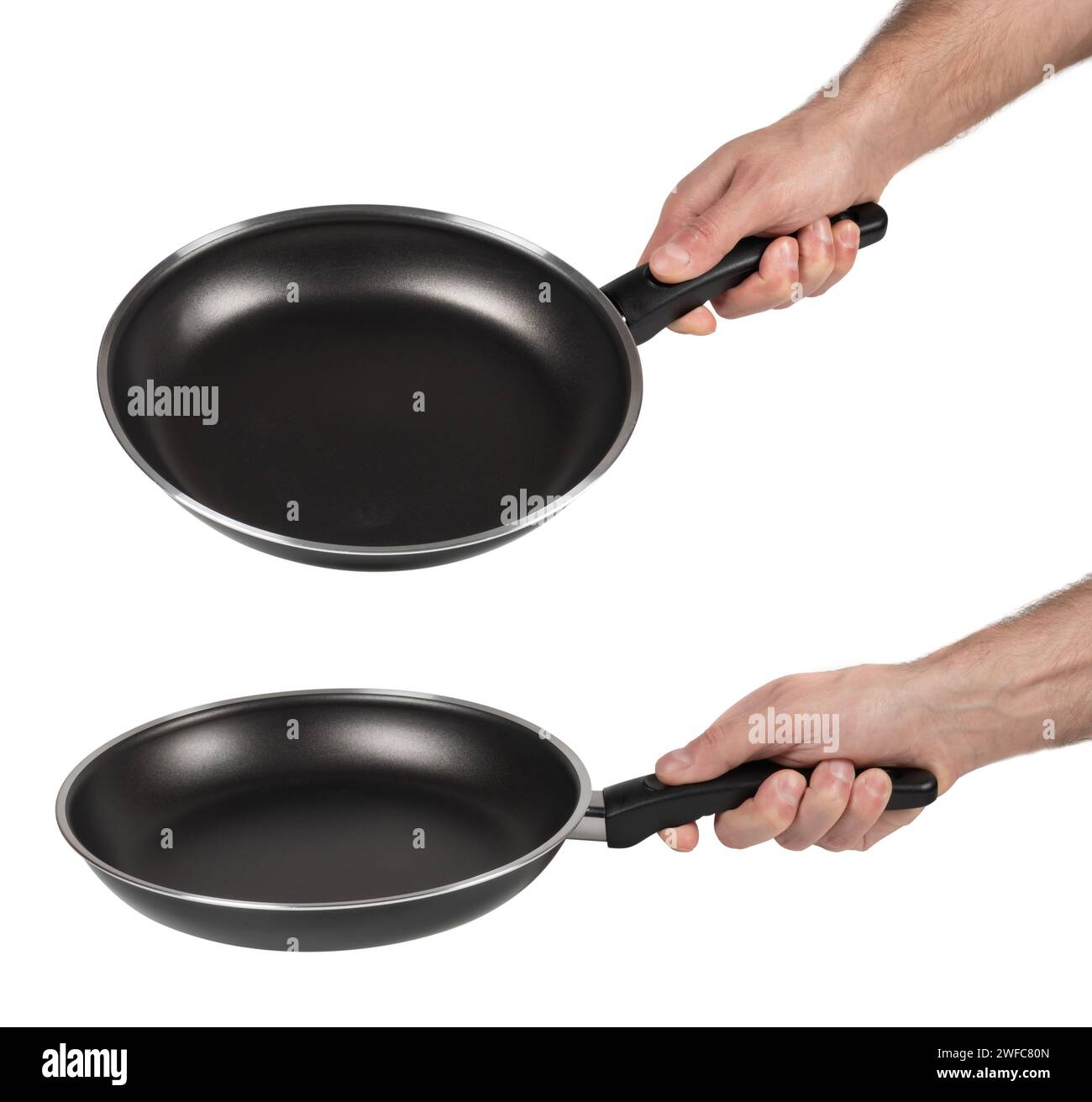Collection of hand holding Frying pan isolated on white background ...
