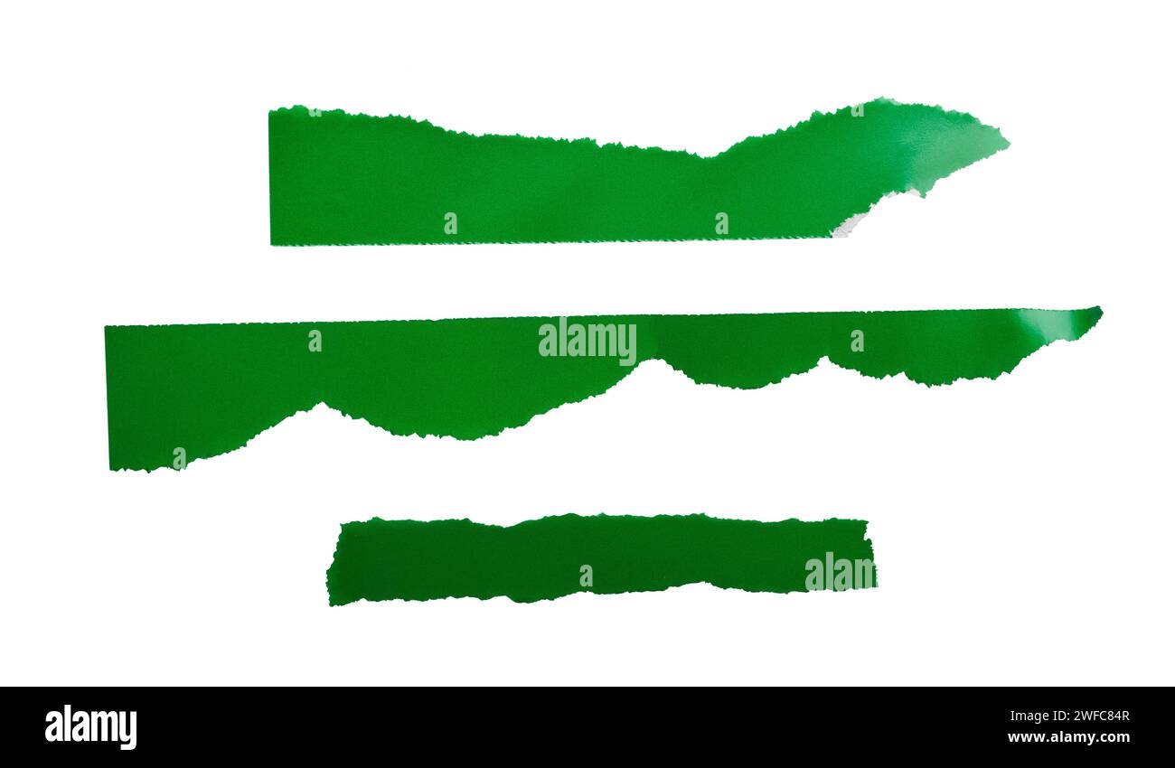 Several strips of torn paper green tape cut out on white background ...