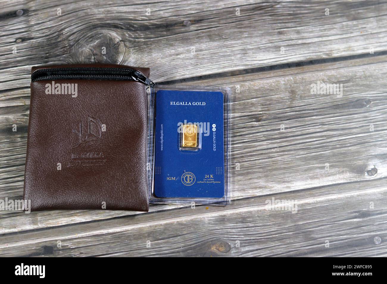 Cairo, Egypt, January 23 2024: Elgalla gold 24 Karate pure yellow gold ...