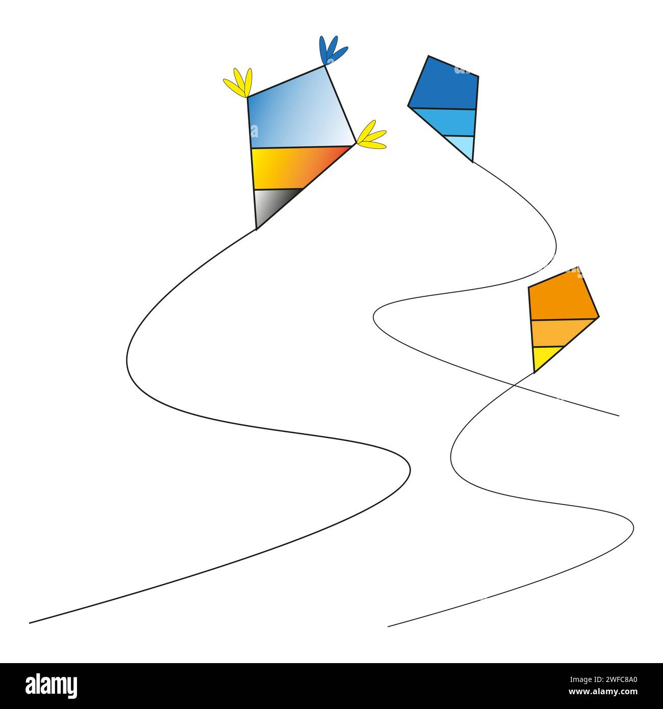 Cartoon ribbon with colorful flying kites. Colorful background. Vector ...