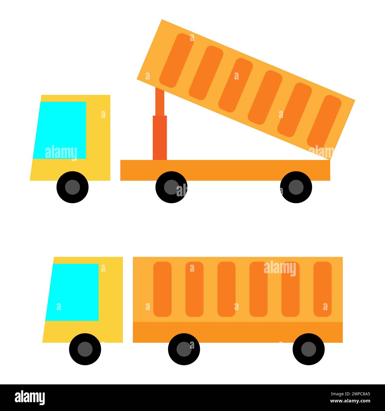 Dump truck icon set. Flat art design. Cartoon style. Orange lorry signs ...