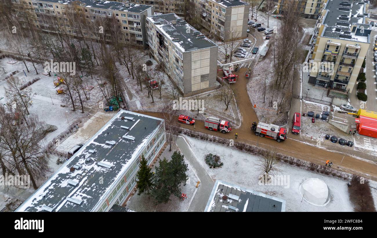 Drone photography of aftermath multistory residential building fire and ...