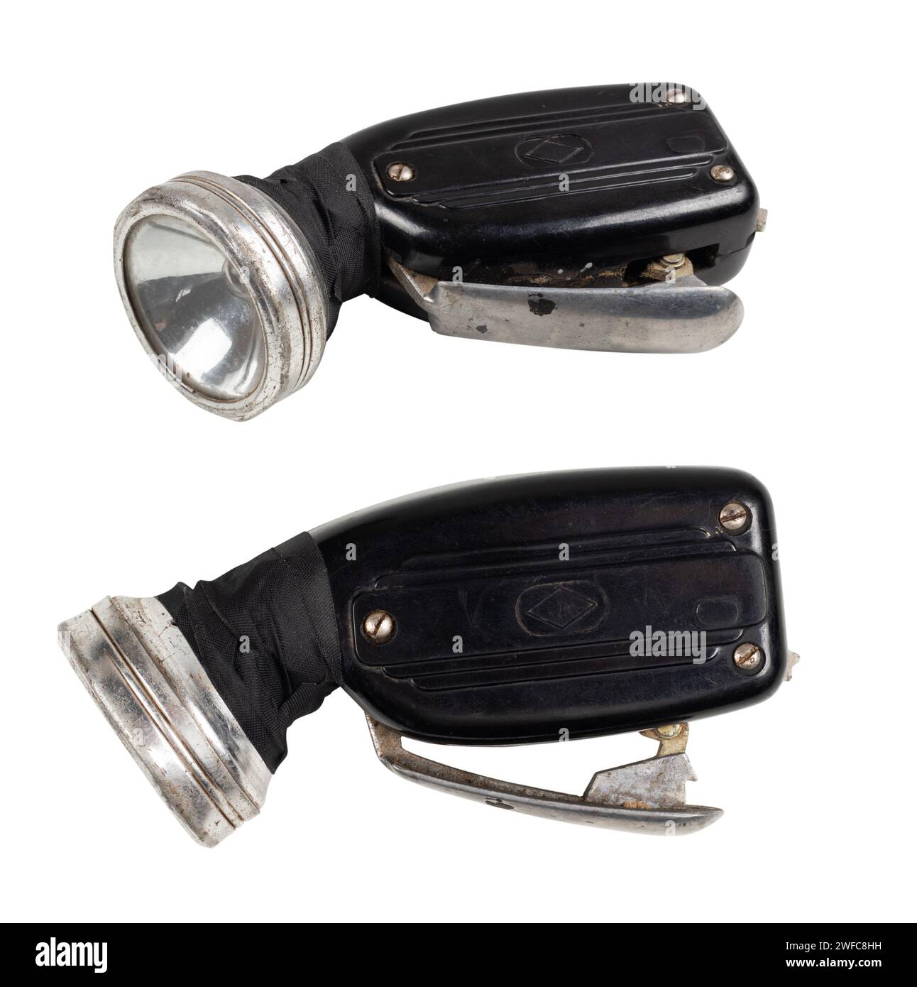 Old mechanical dynamo flashlight covered with scratches and dust is ...