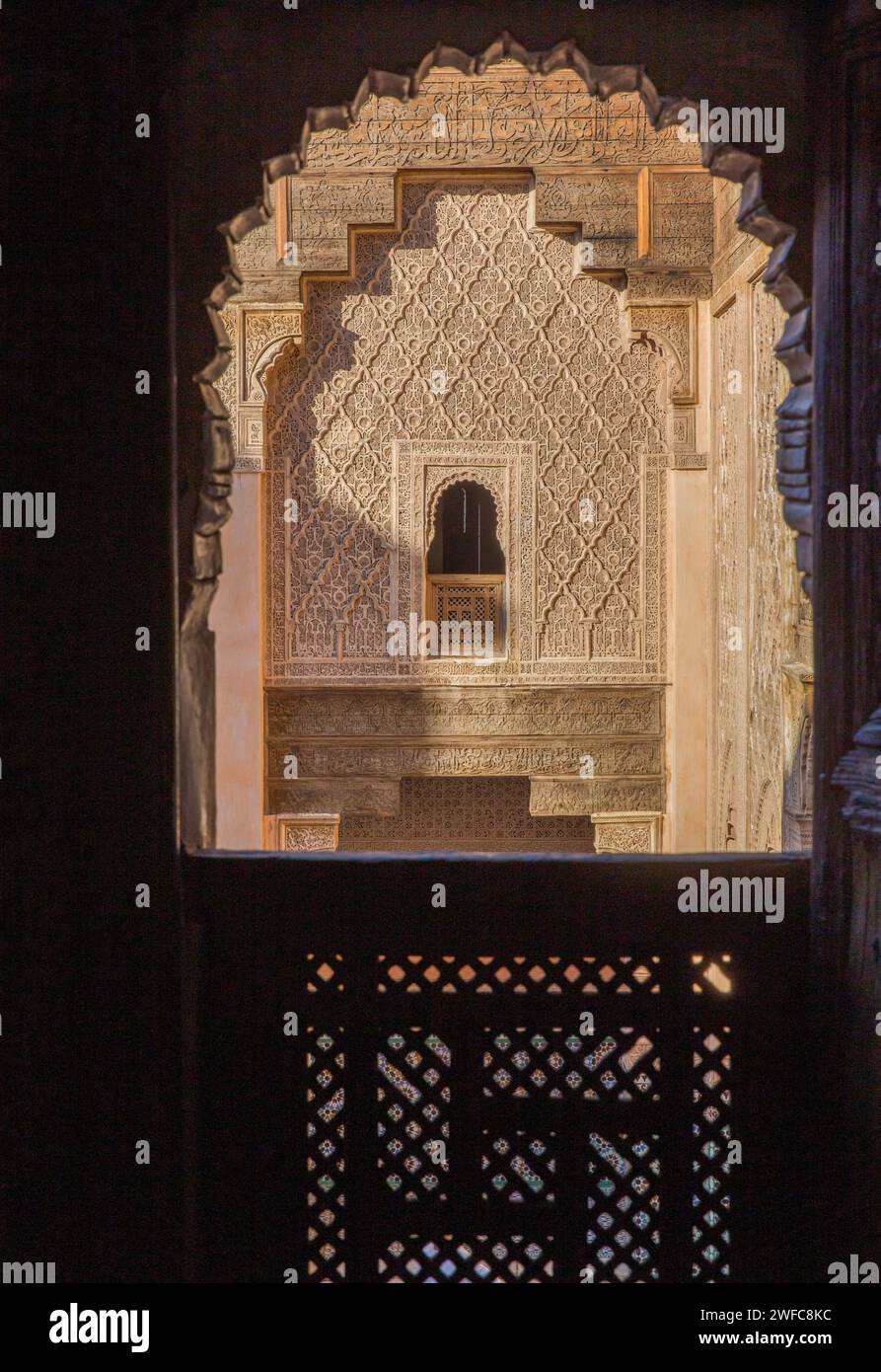 Morocco Marrakech Marrakesh medina view through window of the Medersa ...