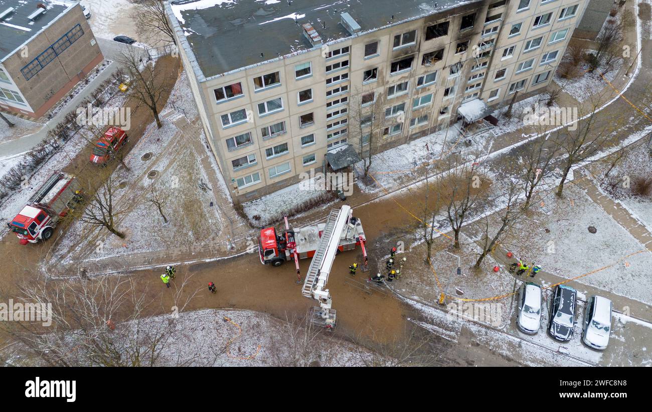 Drone photography of aftermath multistory residential building fire and ...
