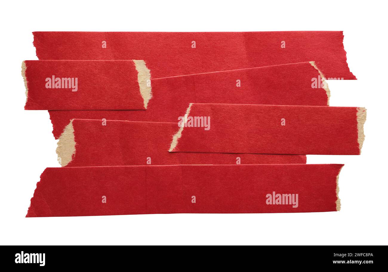 Several strips of duct paper red tape background cut out on white ...