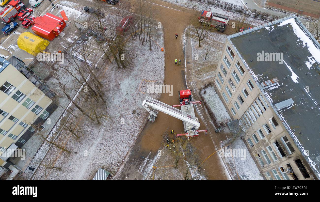 Drone photography of aftermath multistory residential building fire and ...