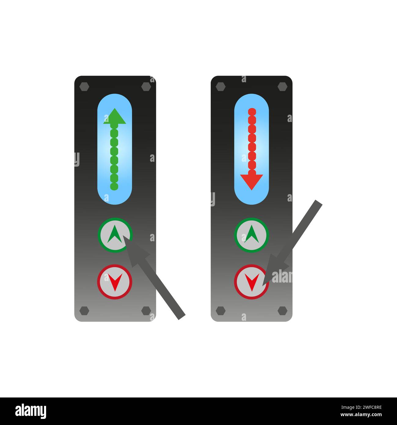 Elevator buttons up down in cartoon style. Top view. Hand up. Vector ...