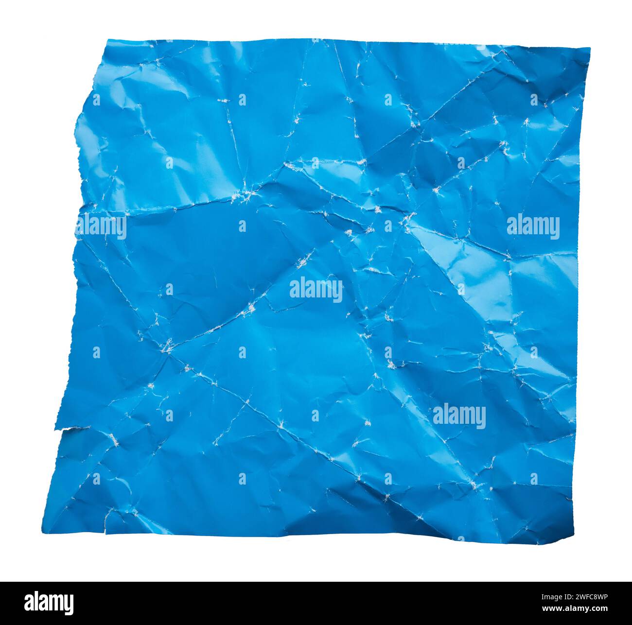 Blue crumpled paper with folds texture cut out on white background ...