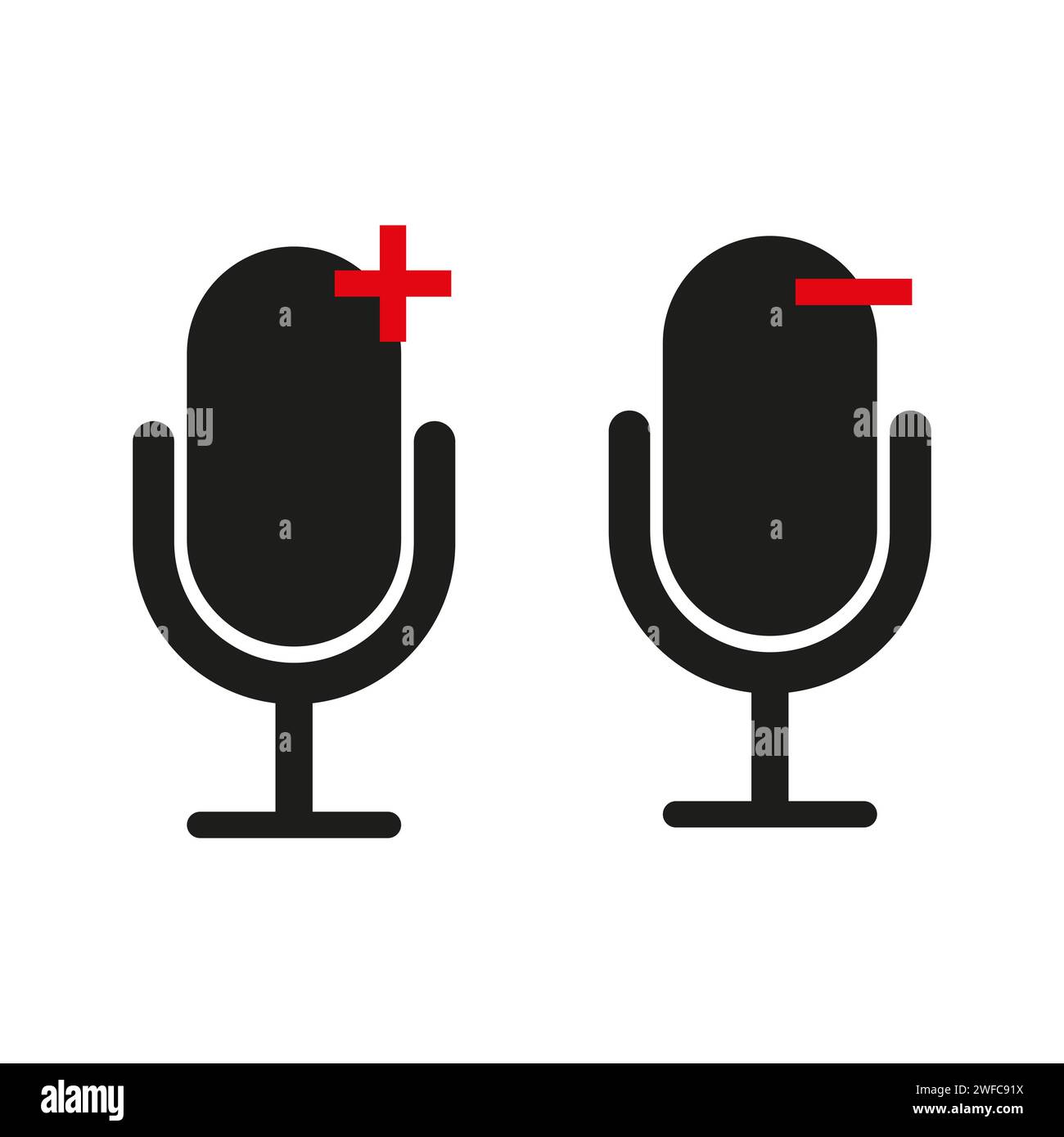 Microphone icon set. Plus and minus sign. Record element. Sound symbol ...