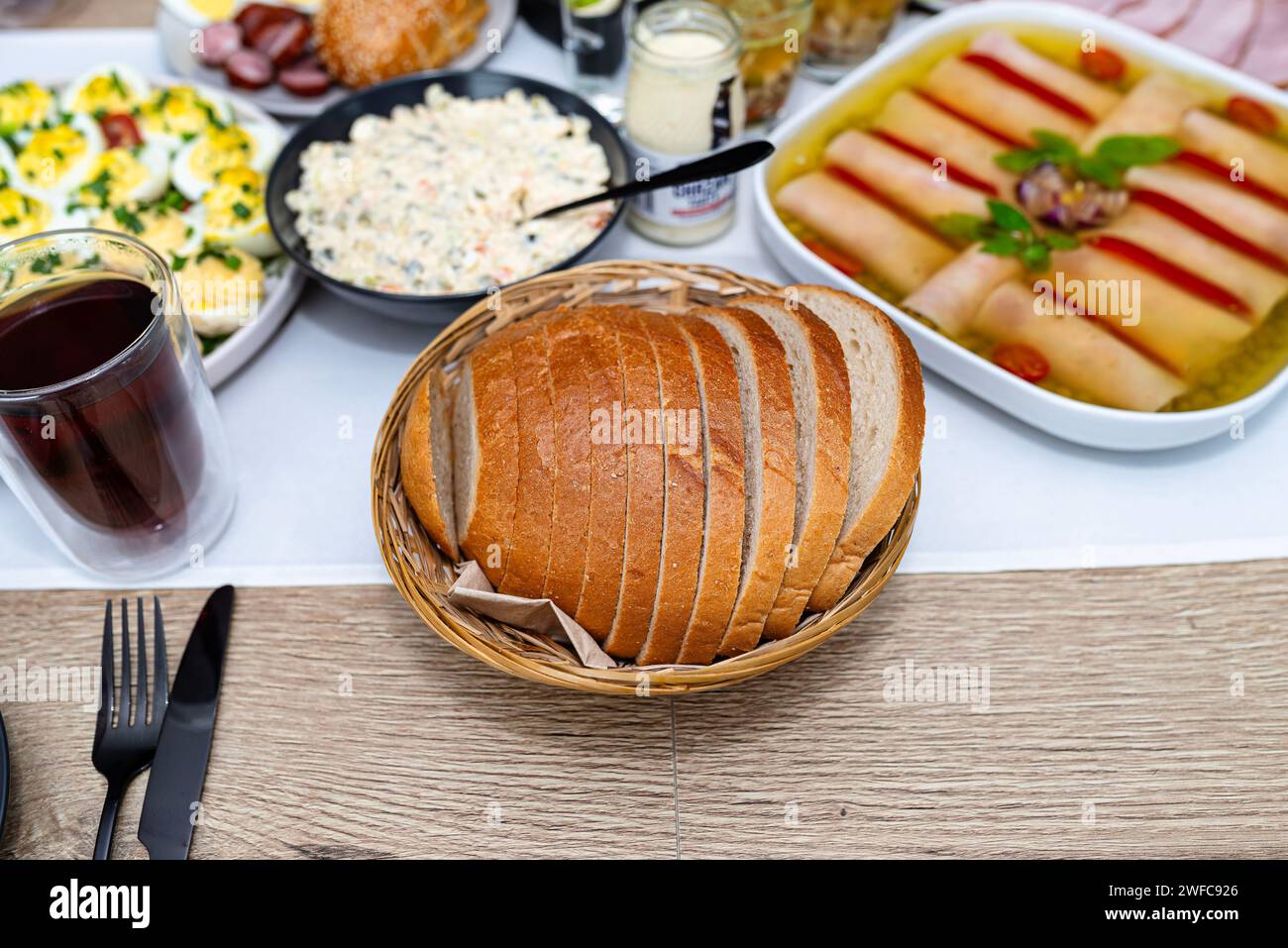 Traditional dishes from Poland for Easter breakfast, visible bread in ...