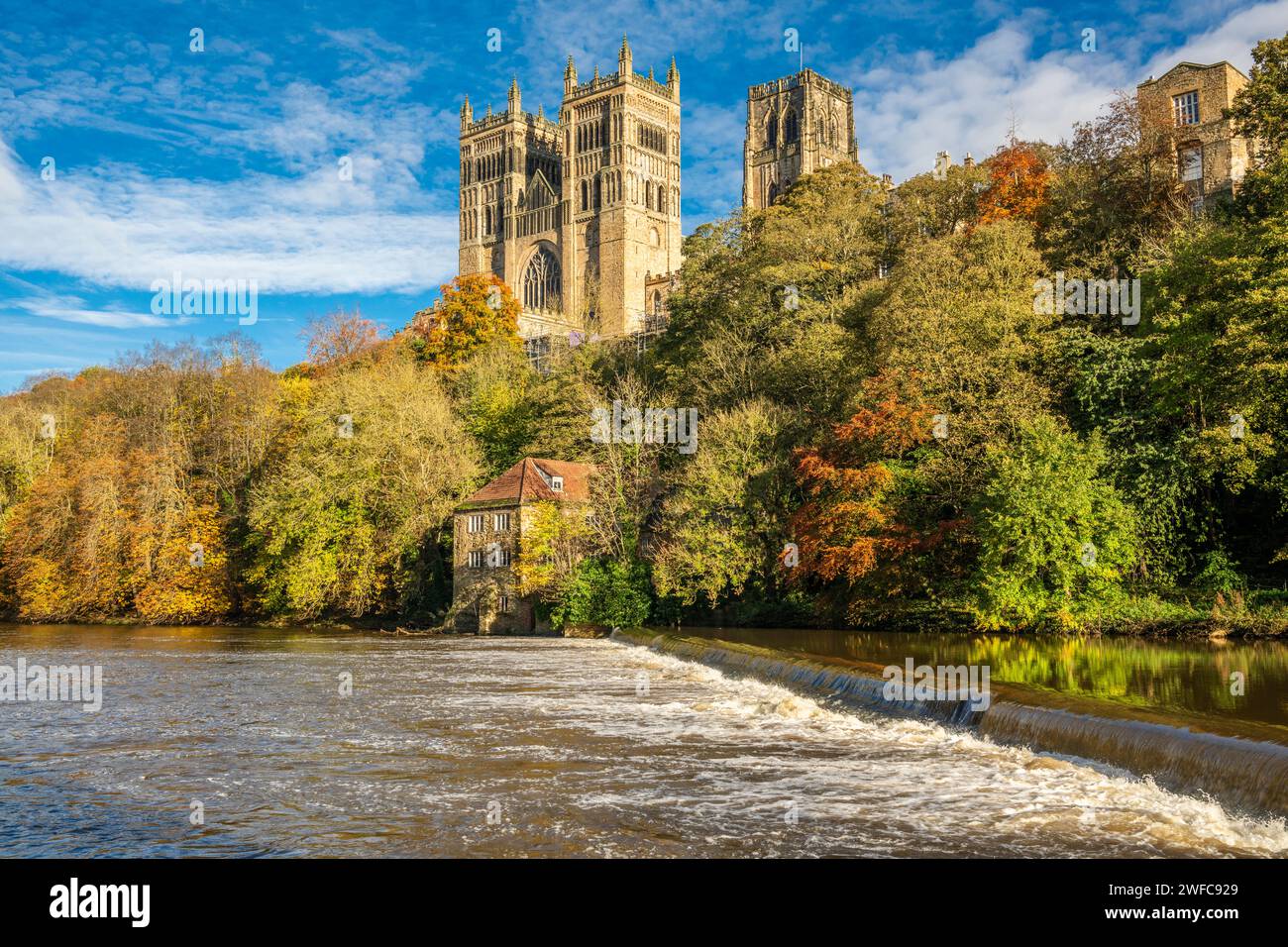 Colourful autumnal woodland, The Old Fulling Mill and Durham Cathedral ...