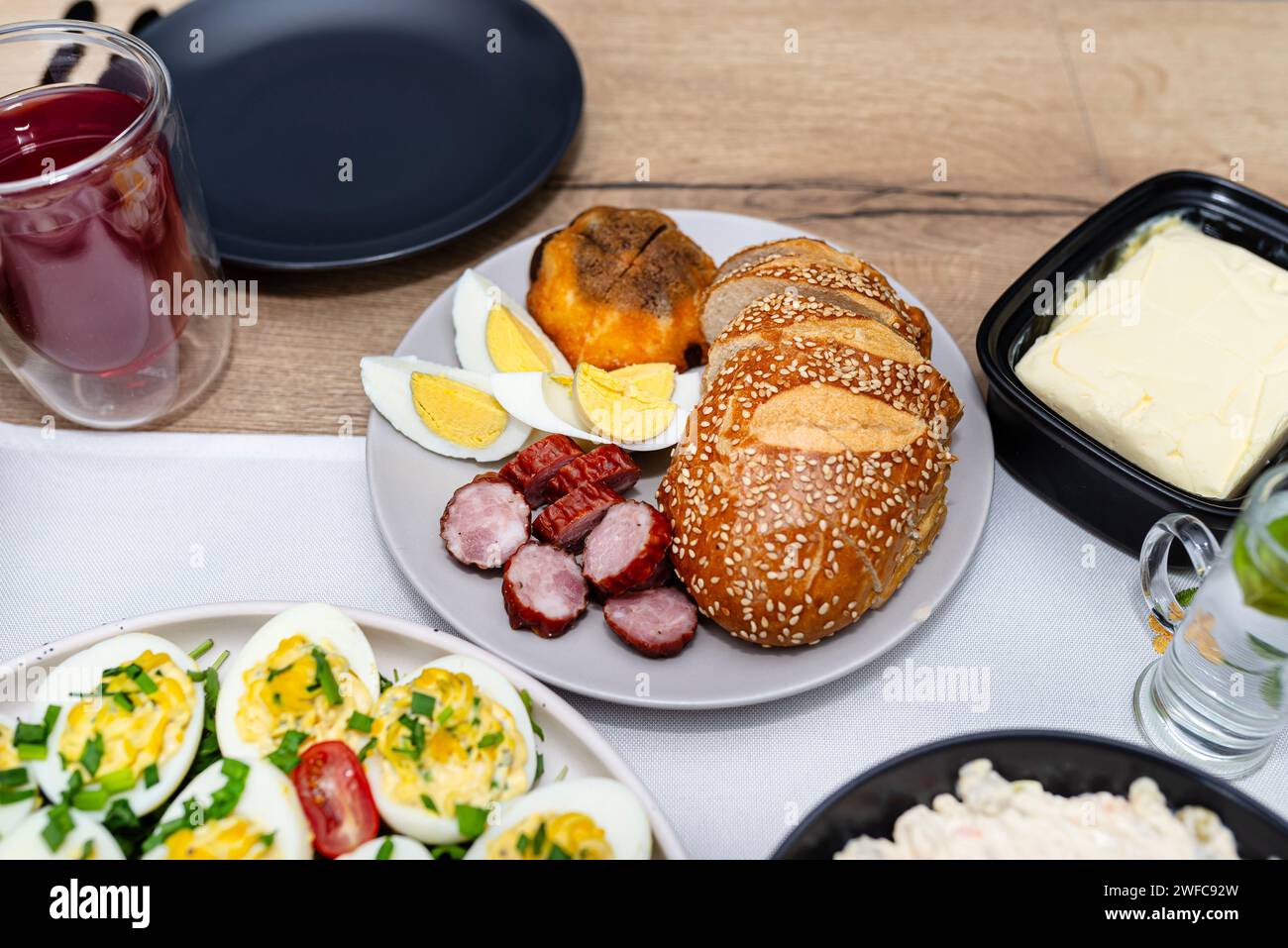 Traditional dishes from Poland for Easter breakfast, visible bread and ...