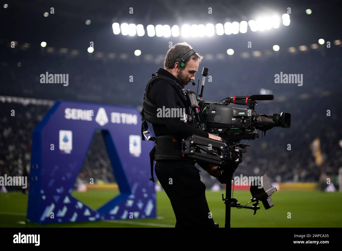 Turin, Italy. 27 January 2024. A cameraman holds a steadycam next to ...