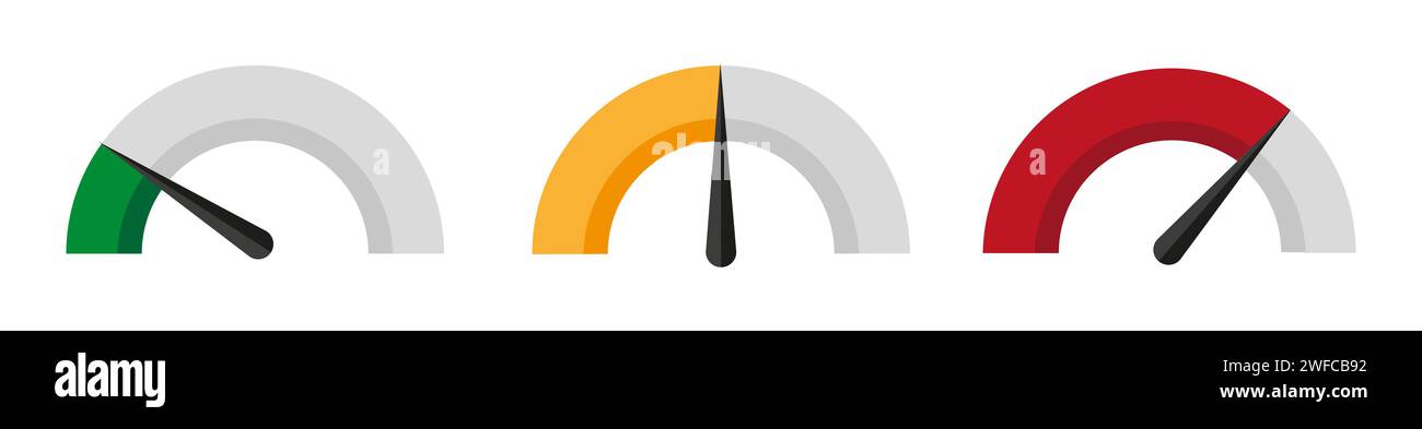 Set speedometers in flat style. Speed dial indicator. Vector ...