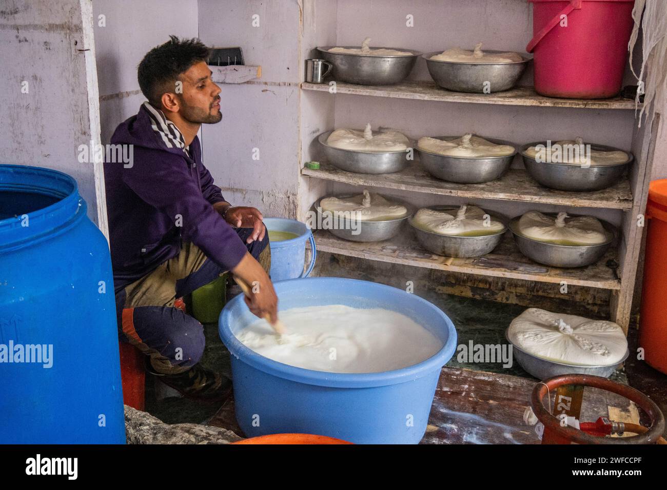 Traditional Indian lassi and paneer maker, Leh, Ladakh, India Stock ...