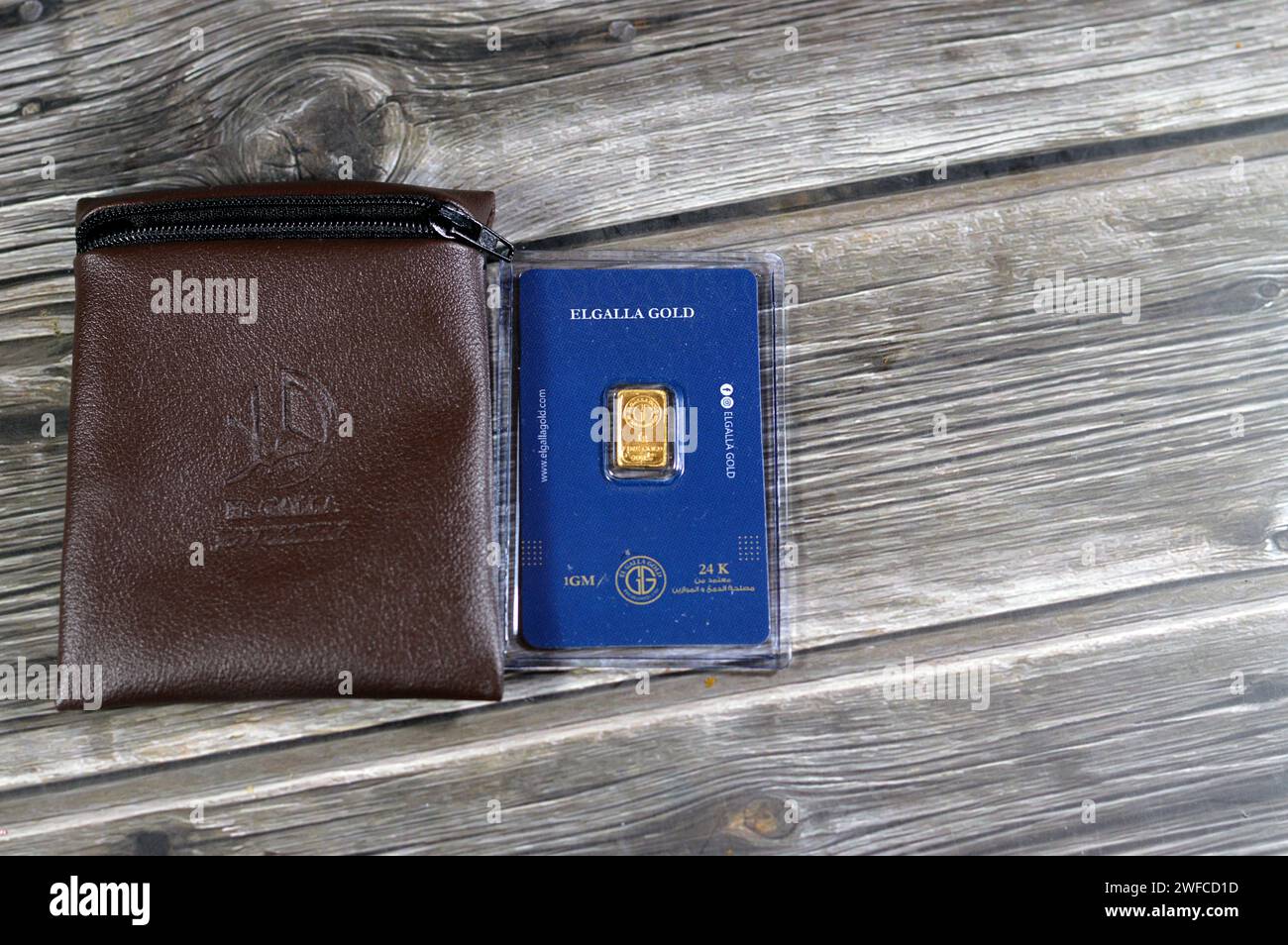 Cairo, Egypt, January 23 2024: Elgalla gold 24 Karate pure yellow gold ...