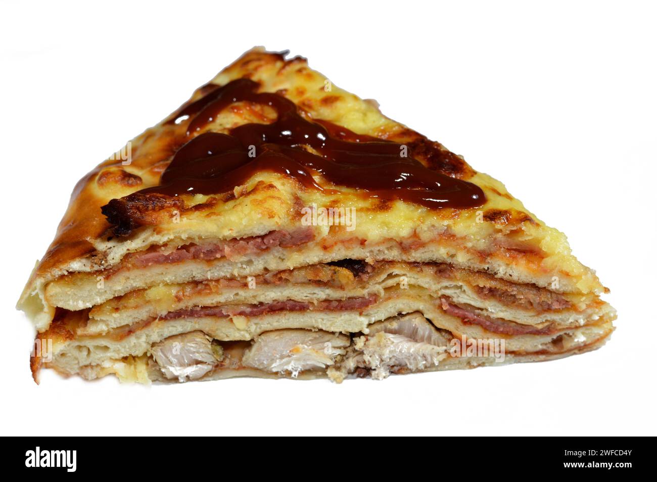 Multi-layers baked pizza cake, consists of layers of salami, barbeque ...