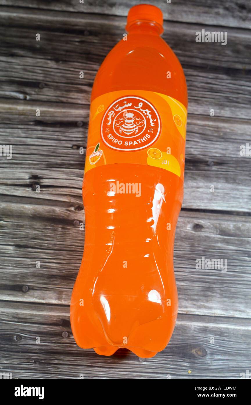 Cairo, Egypt, January 23 2024: Spiro Spathis mandarin orange soda drink ...