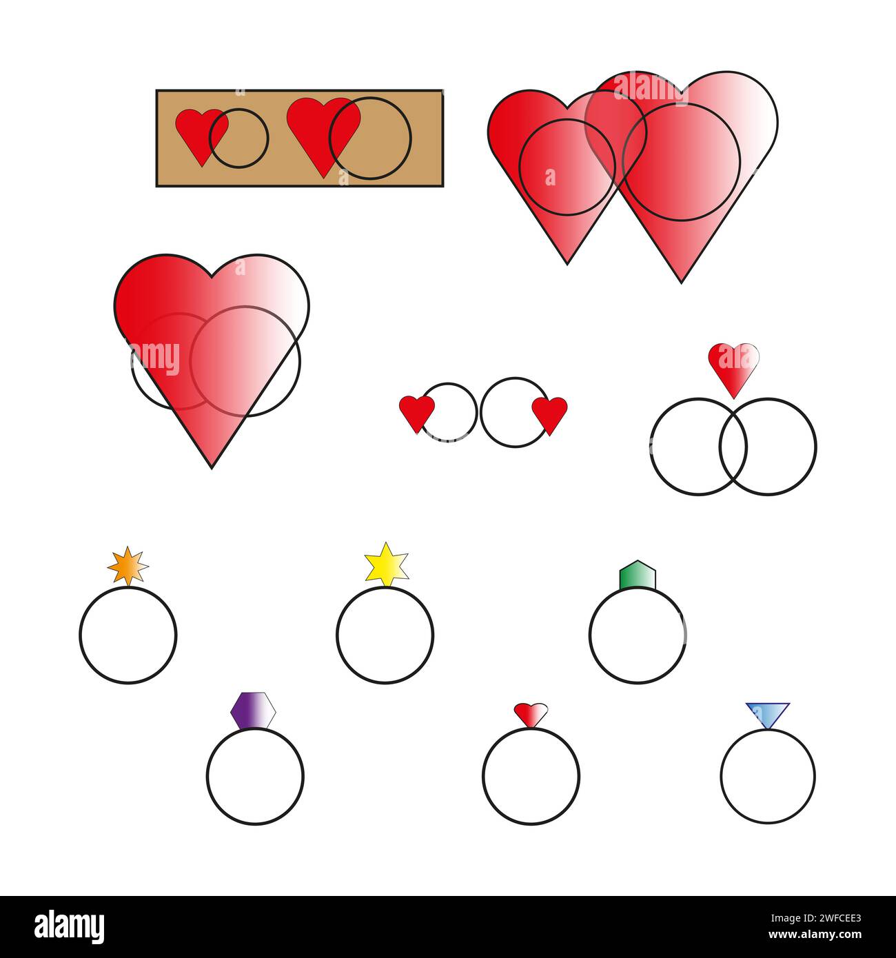Cartoon wedding rings hearts for celebration design. Love line art ...