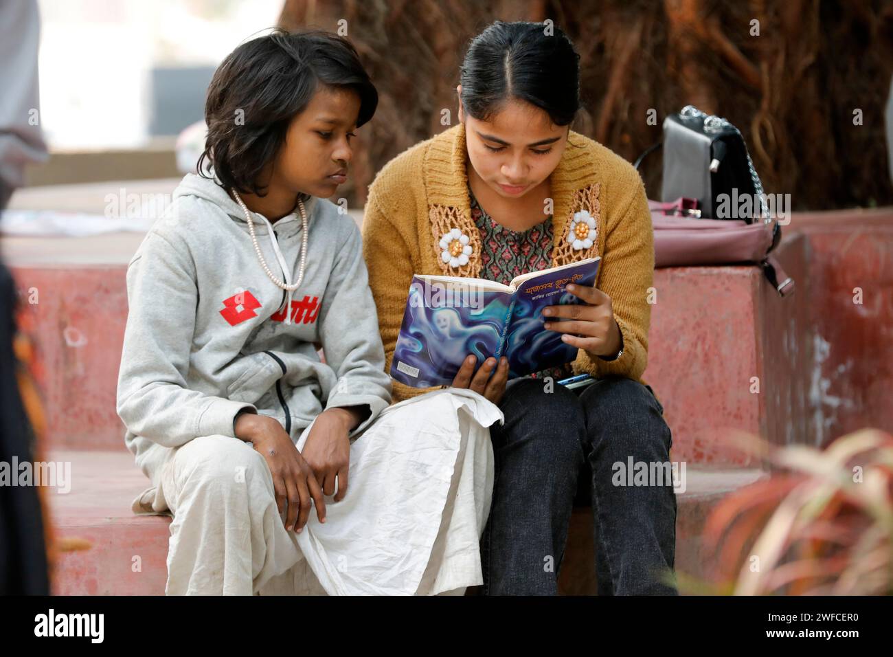 Dhaka, Bangladesh - January 30, 2024: In the open library in front of ...