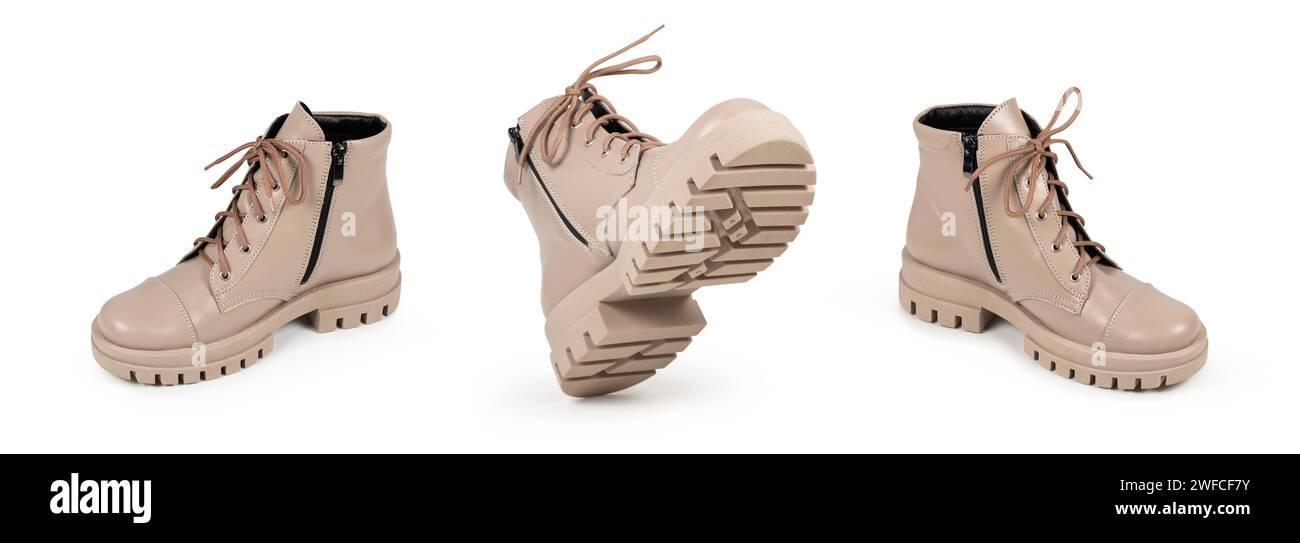 leather women's half-boots on a white background. Stylish demi-season ...