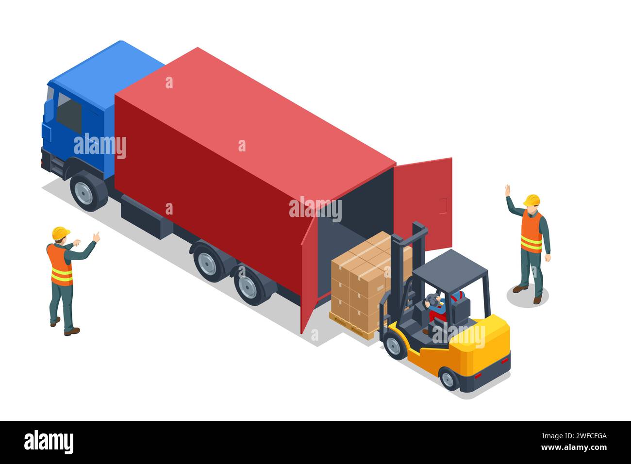Isometric Forklift Tractor Loading Package Boxes on Pallet into Cargo ...