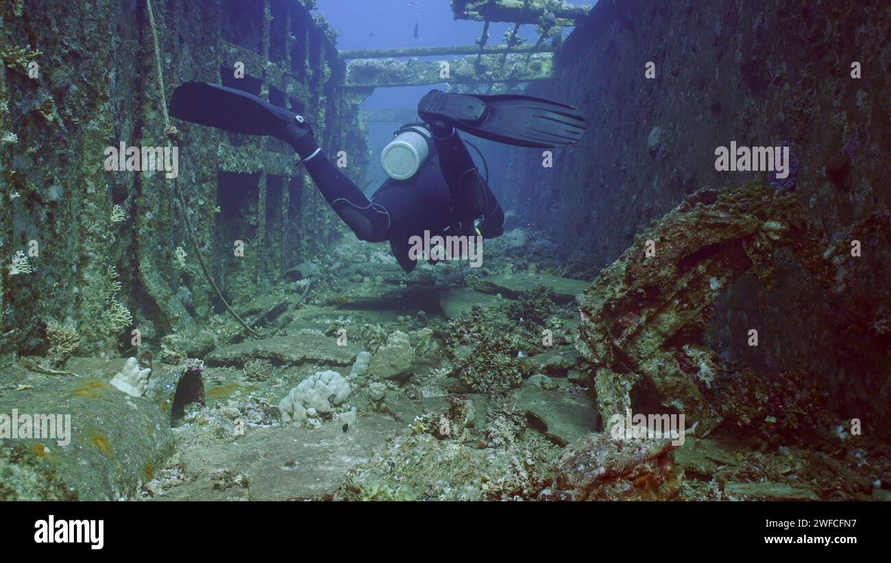 Scuba diver swim down corridor of ferry Salem Express shipwreck, Red ...