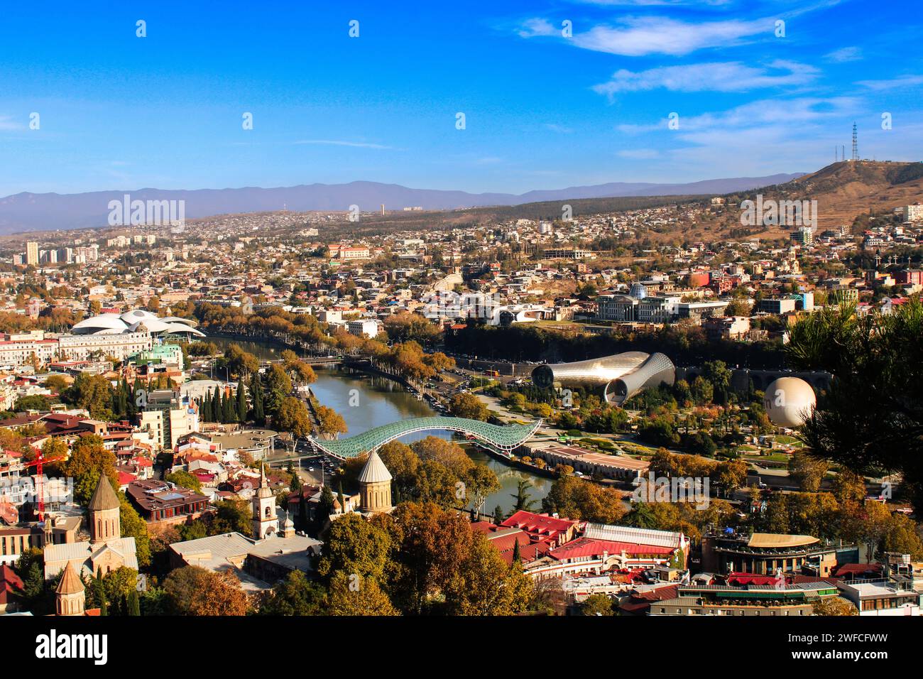 Panoramic up view on Tbilisi town, its buildings and popular landmarks ...