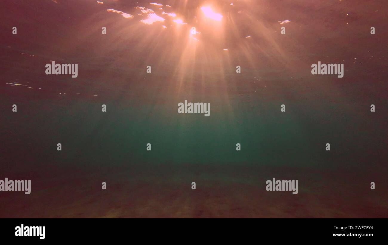 Low angle wide shot sun rays penetrating surface of water in the ...
