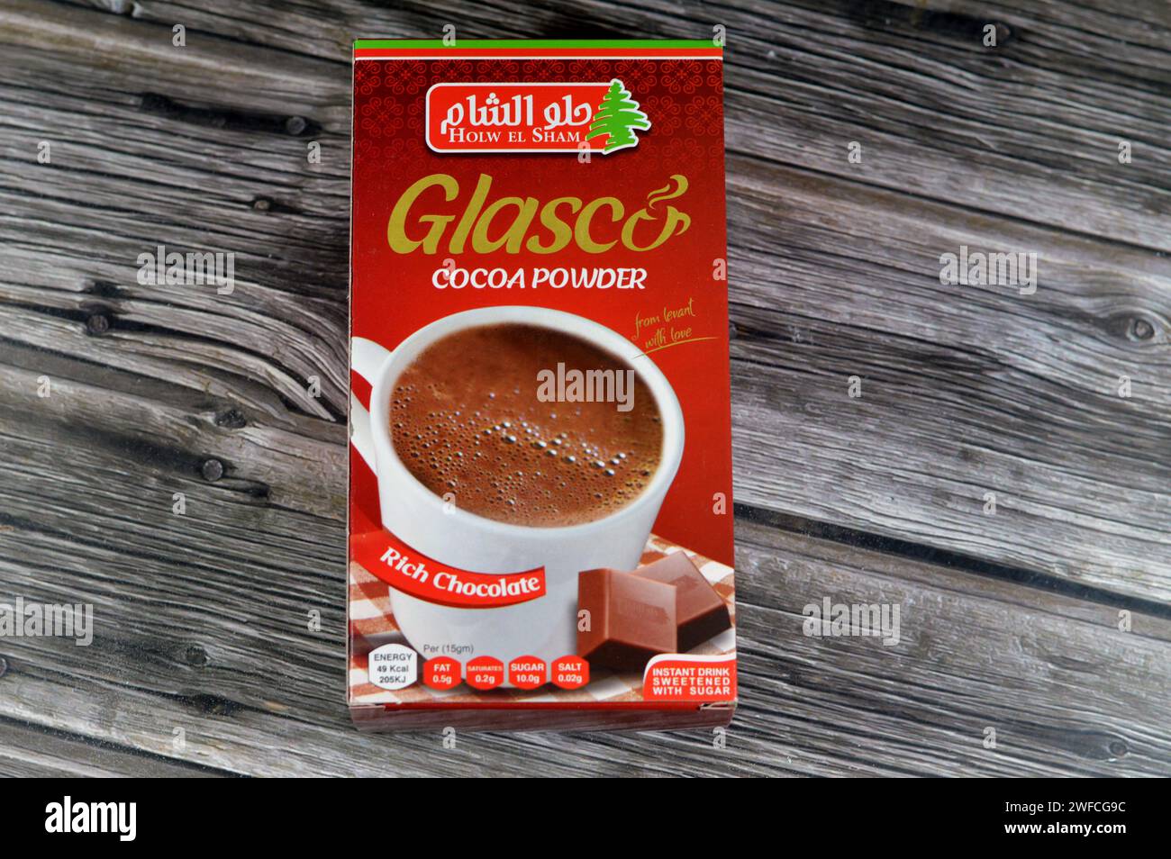 Cairo, Egypt, January 27 2024: Holw El Sham Glasco hot chocolate powder ...