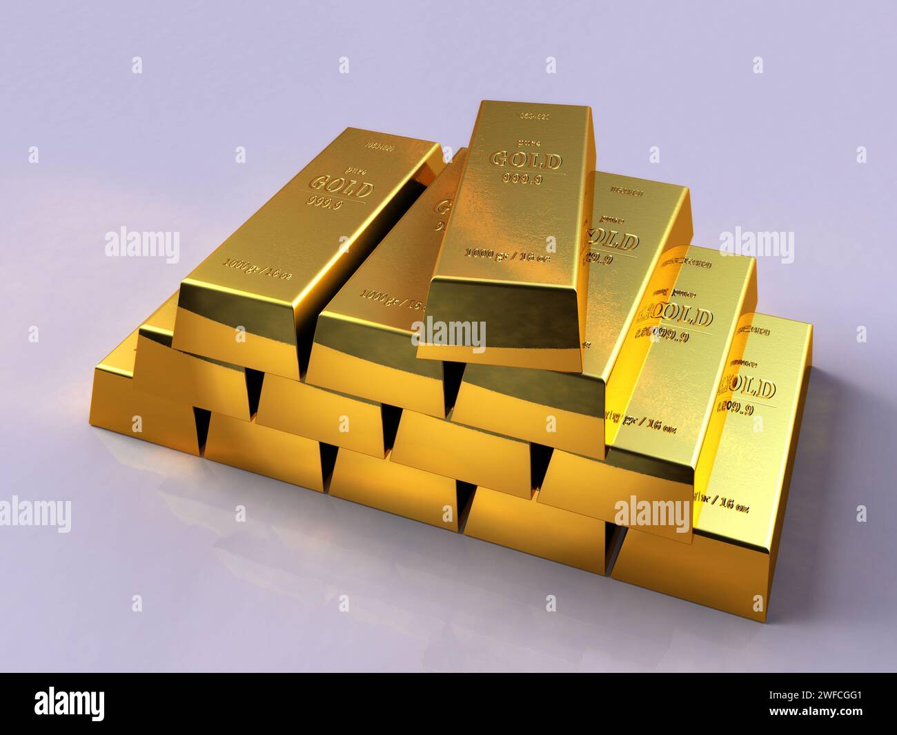 Some gold bars on a reflective surface. Digital illustration Stock ...
