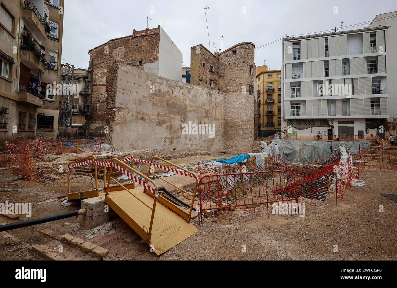 A worker during the restoration works of the Islamic Wall, in Valencia ...
