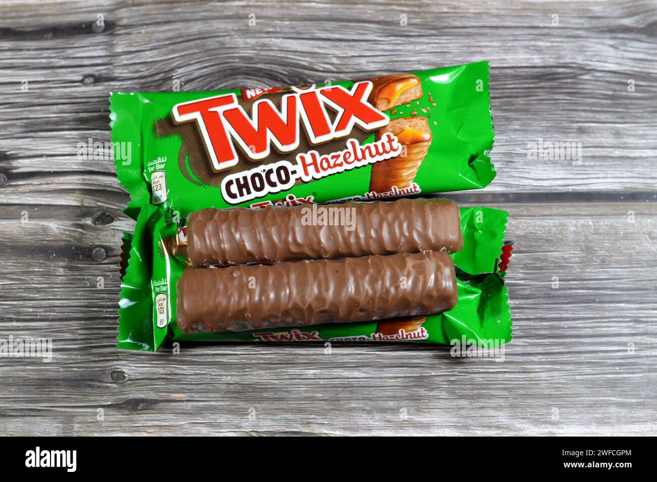 Cairo, Egypt, January 25 2024: Twix new Choco-hazelnut caramel shortbread chocolate bar Mars Inc ...