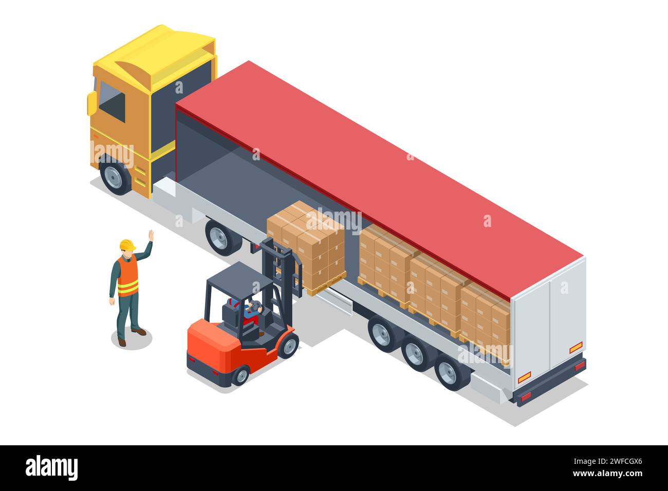 Isometric Forklift Tractor Loading Package Boxes on Pallet into Cargo ...