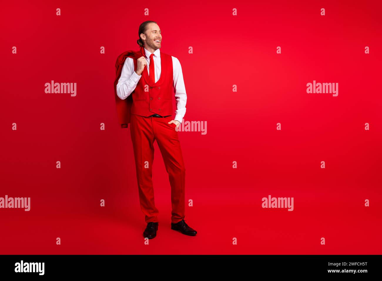 Full length photo of elegant young male hold jacket on shoulder empty ...