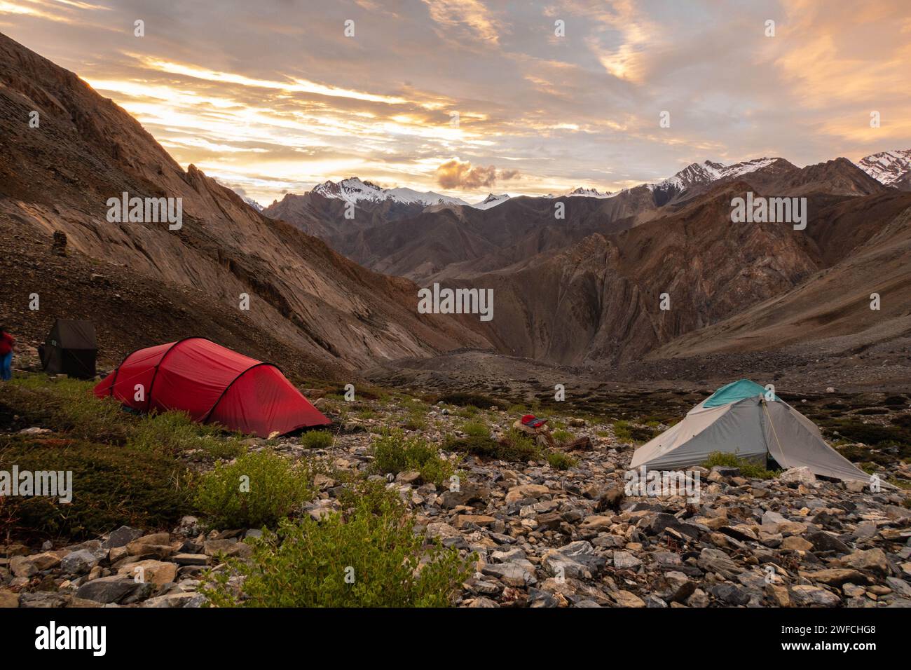 Camping below the Nialo Kontse La Pass on a trek to Zanskar, Ladakh ...