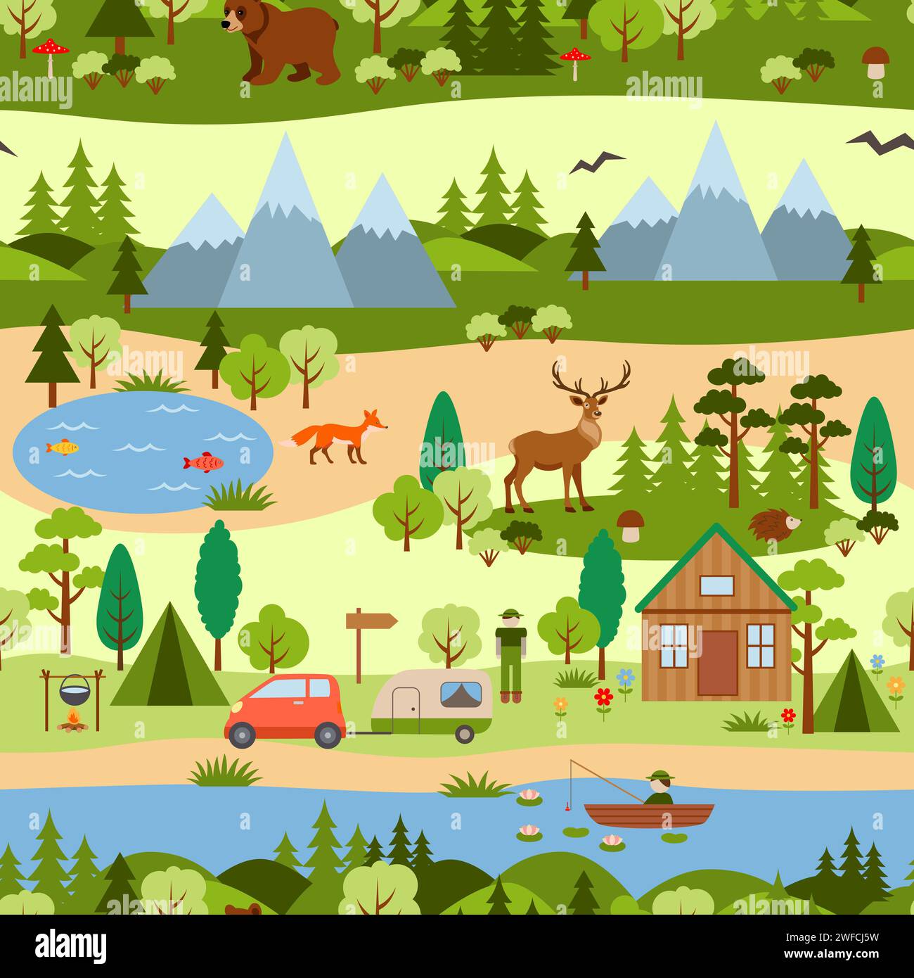 Camping and nature map seamless pattern. Landscape with mountains ...