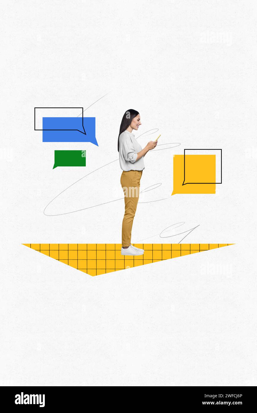 Vertical creative collage image cheerful happy young lady chat mobile ...